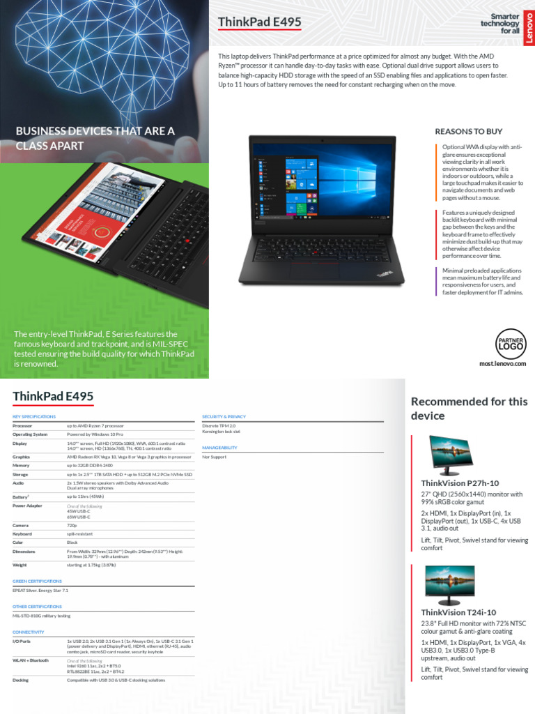 ThinkPad_E495_datasheet_EN | PDF | Hdmi | Computer Hardware