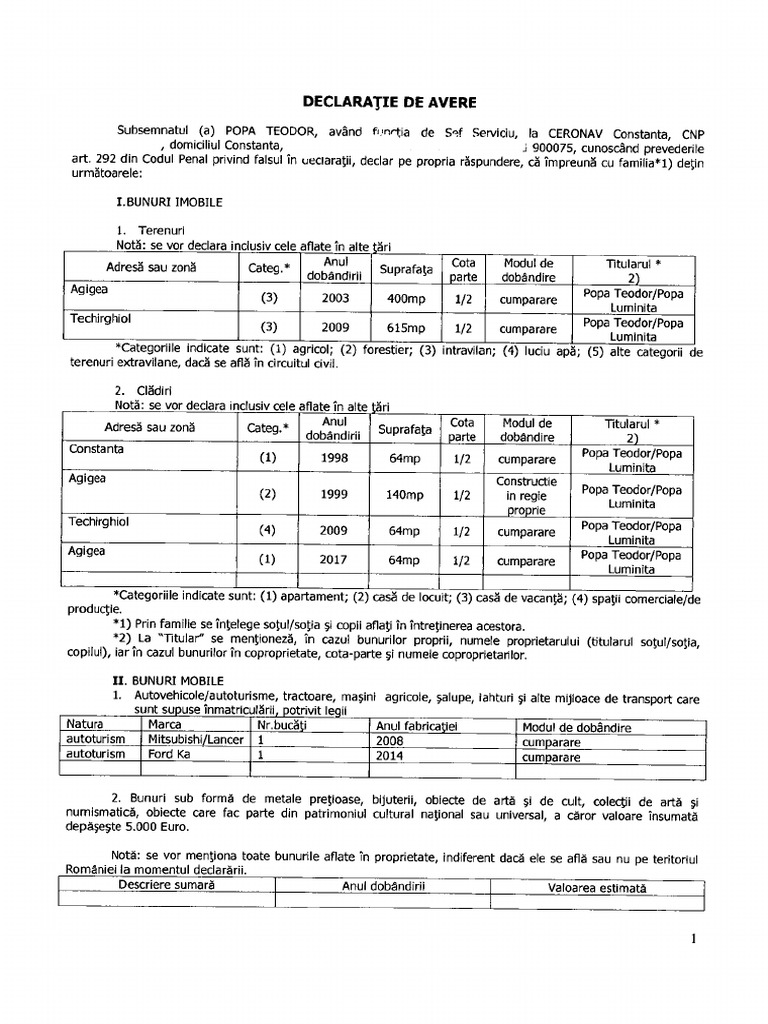 Popa Teodor Declaratie de Avere | PDF
