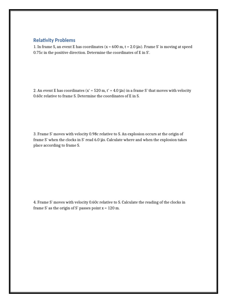 Relativity - Problems Qs Organized | PDF | Special Relativity ...
