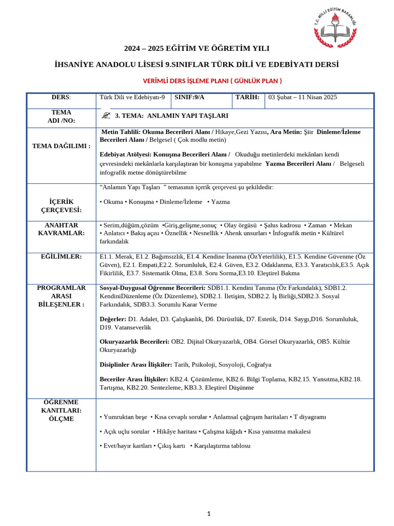 TDE 9 3.TEMA GÜNLÜK PLAN | PDF