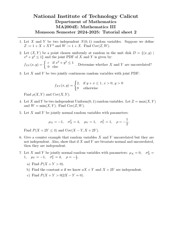 Problem Sheet On Covariance and Bivariate Normal | PDF