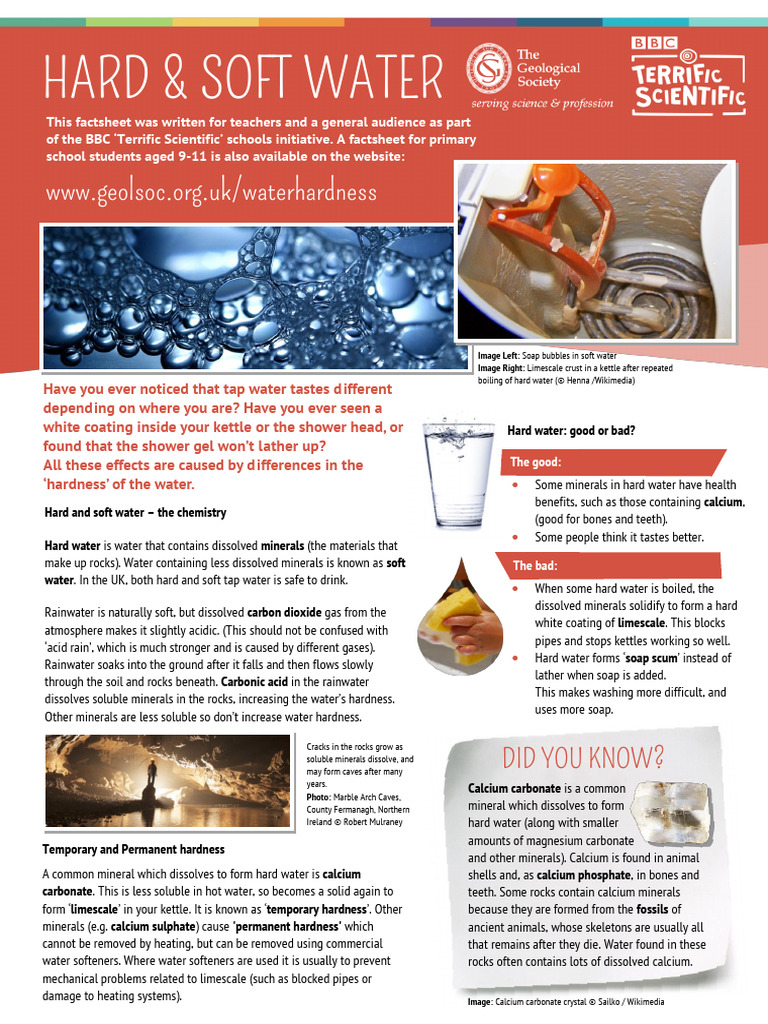 Water Hardness Factsheet For Teachers | PDF | Limestone | Calcium