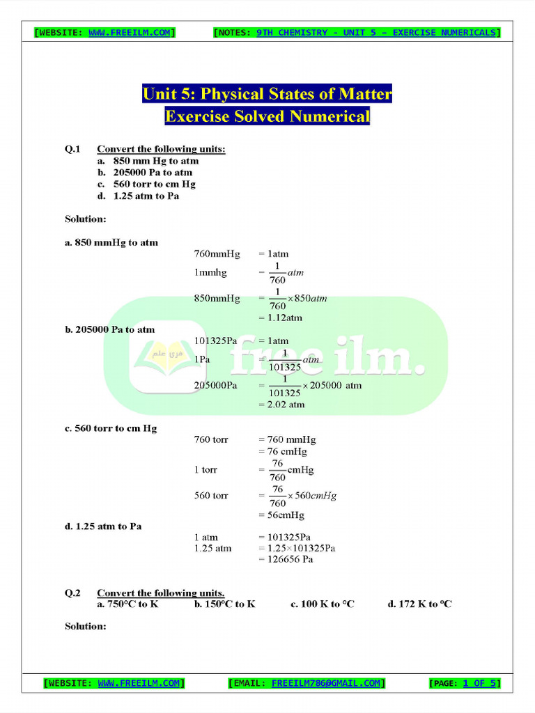 9th Chemistry Ch5 Numericals | PDF