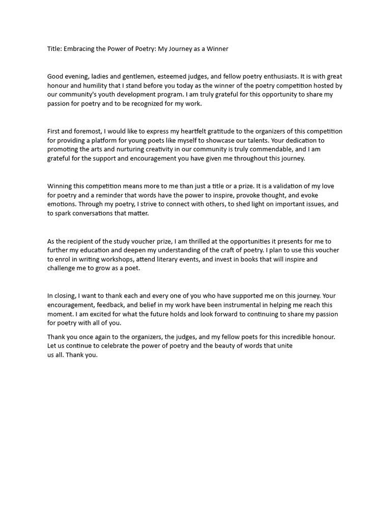 Poetry Competition Winner's Speech | PDF