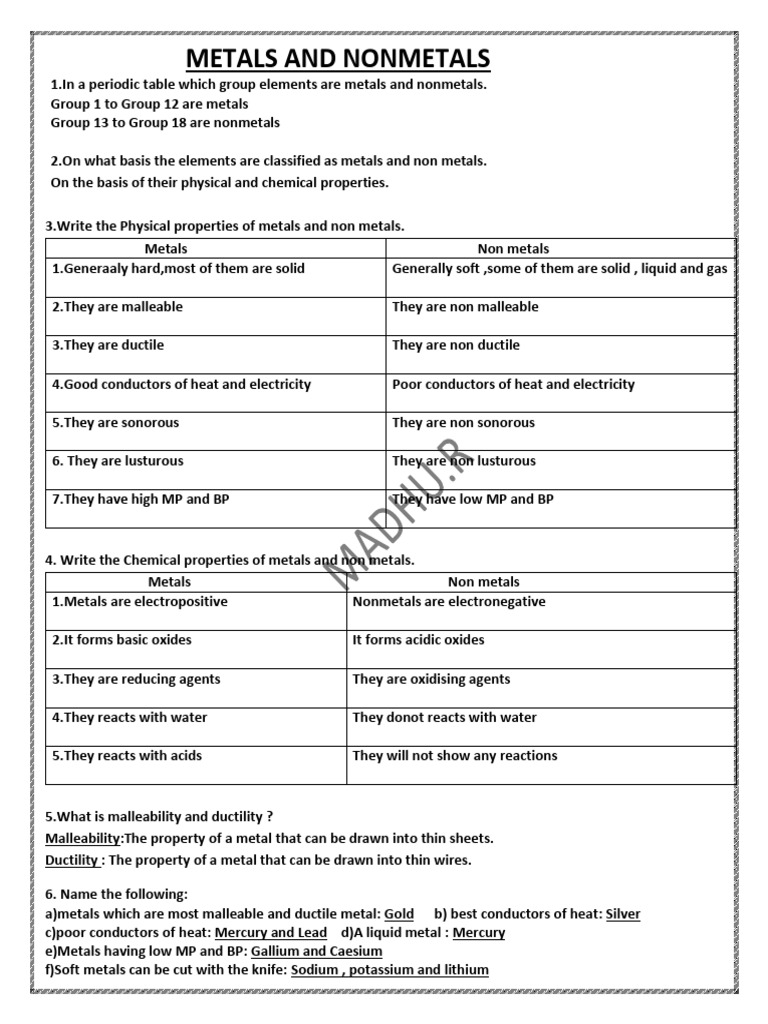 METALS AND NONMETALS Work Sheet | PDF | Alloy | Metals