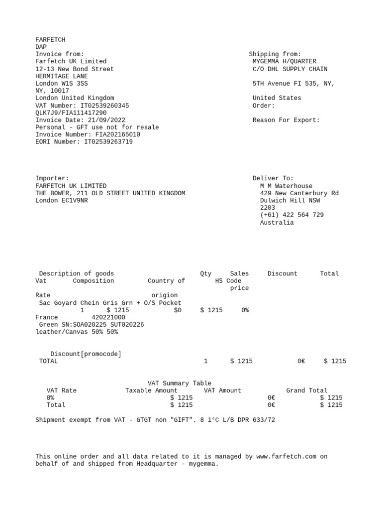 Mygemma Farfetch Receipt | PDF | Value Added Tax | Invoice