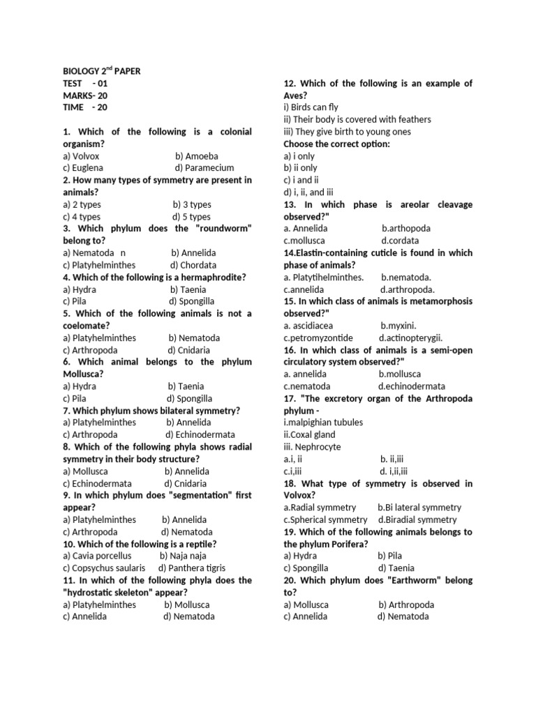 BIOLOGY 2nd PAPER Test 01 | PDF | Protostomes | Zoology