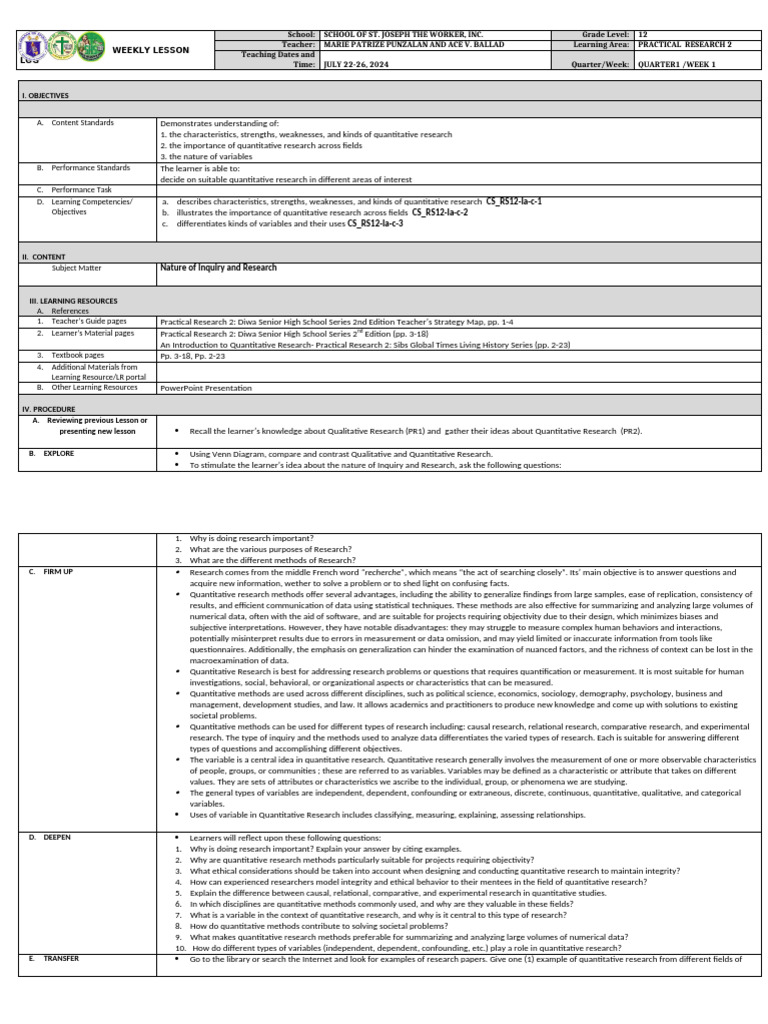 Practical Research 2-Weekly Learning Plan (W1) | PDF | Quantitative ...
