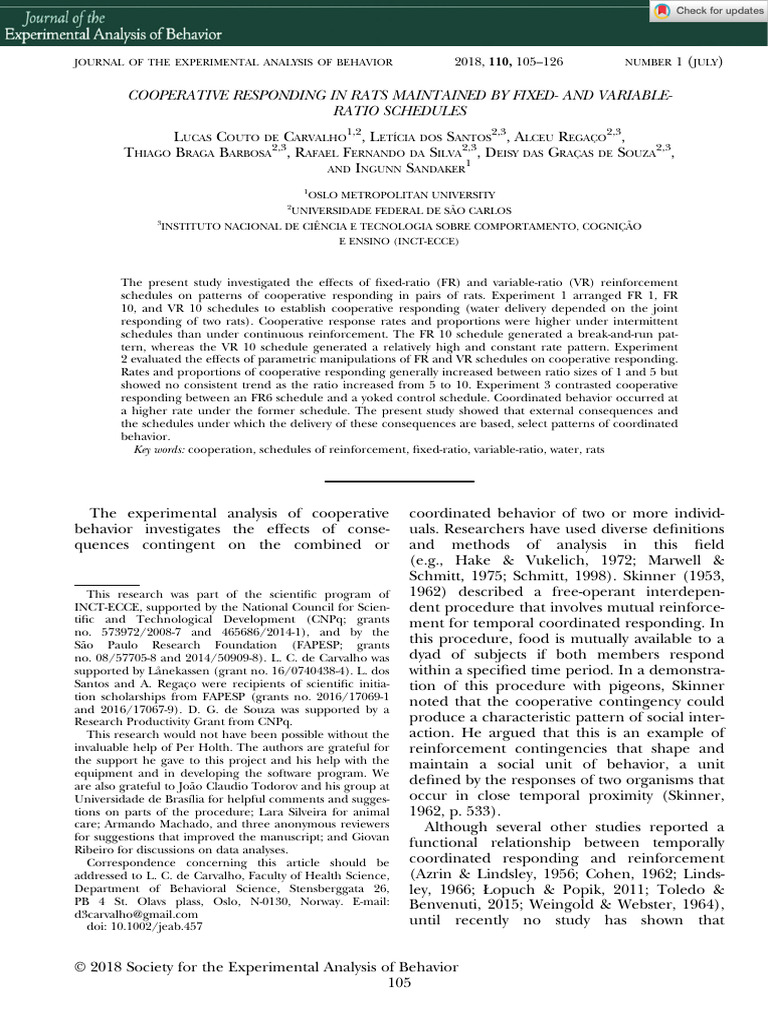 Cooperative Responding in Rats Maintained by Fixed - and Variable-Ratio Schedules | PDF ...