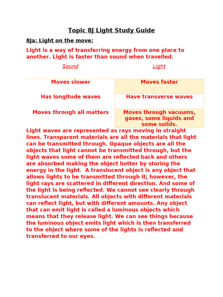 Light Properties and Behavior Study Guide | PDF | Eye | Mirror