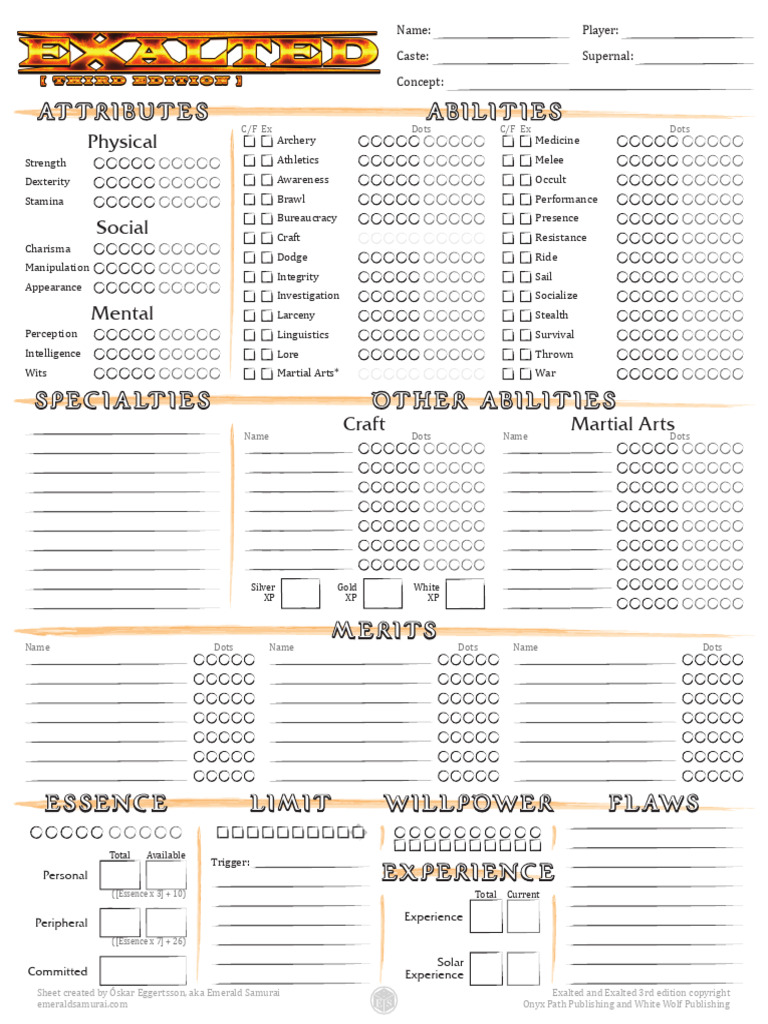 7711-Exalted 3e - 4-Pages Solar Sheet - ES | PDF