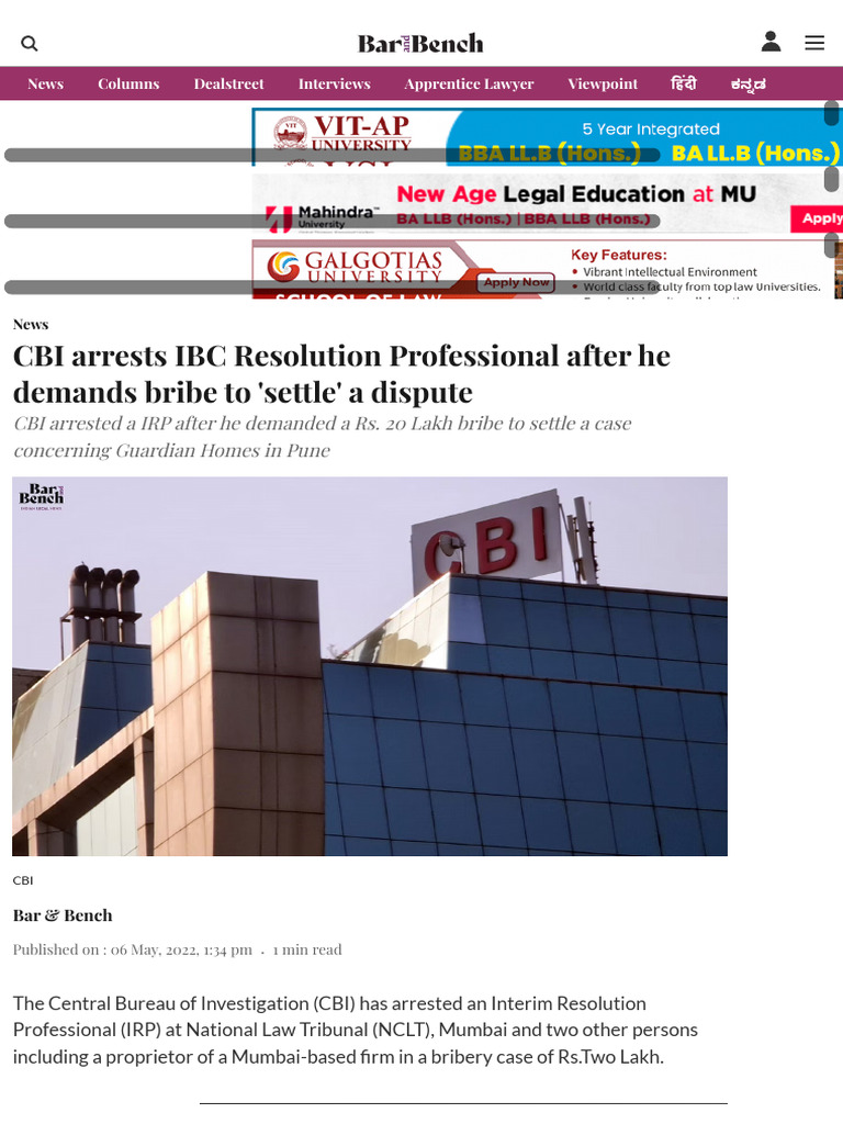 CBI arrests IBC Resolution Professional after he demands bribe to 'settle' a dispute | PDF ...