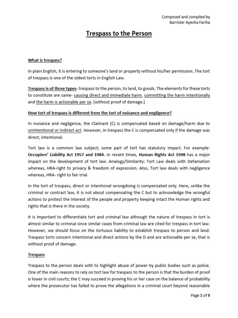 Understanding Trespass to the Person | PDF | Assault | Tort
