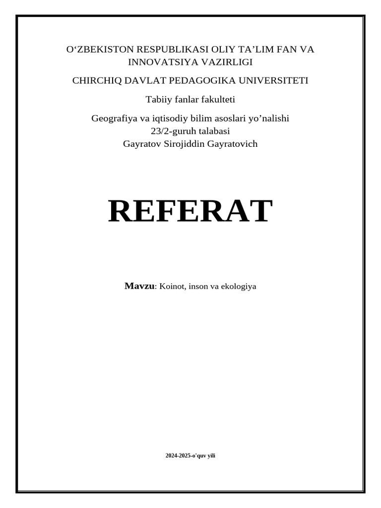 Gayratov Sirojiddin. Referat | PDF