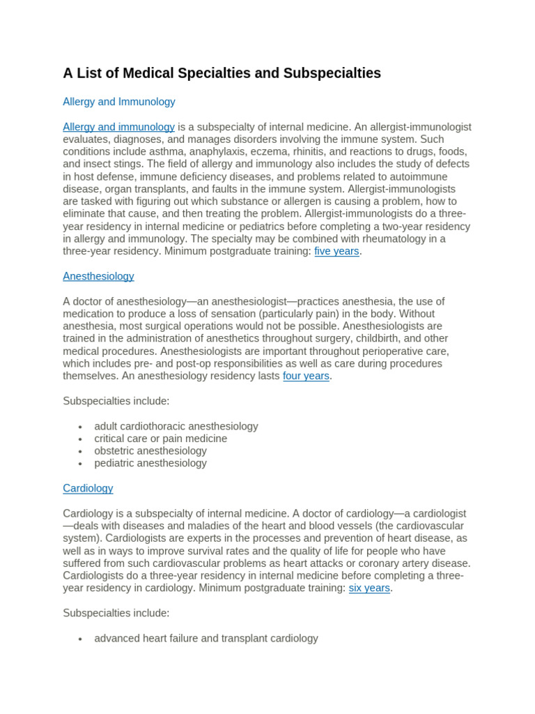 Comprehensive Medical Specialties List | PDF | Neurology | Pathology