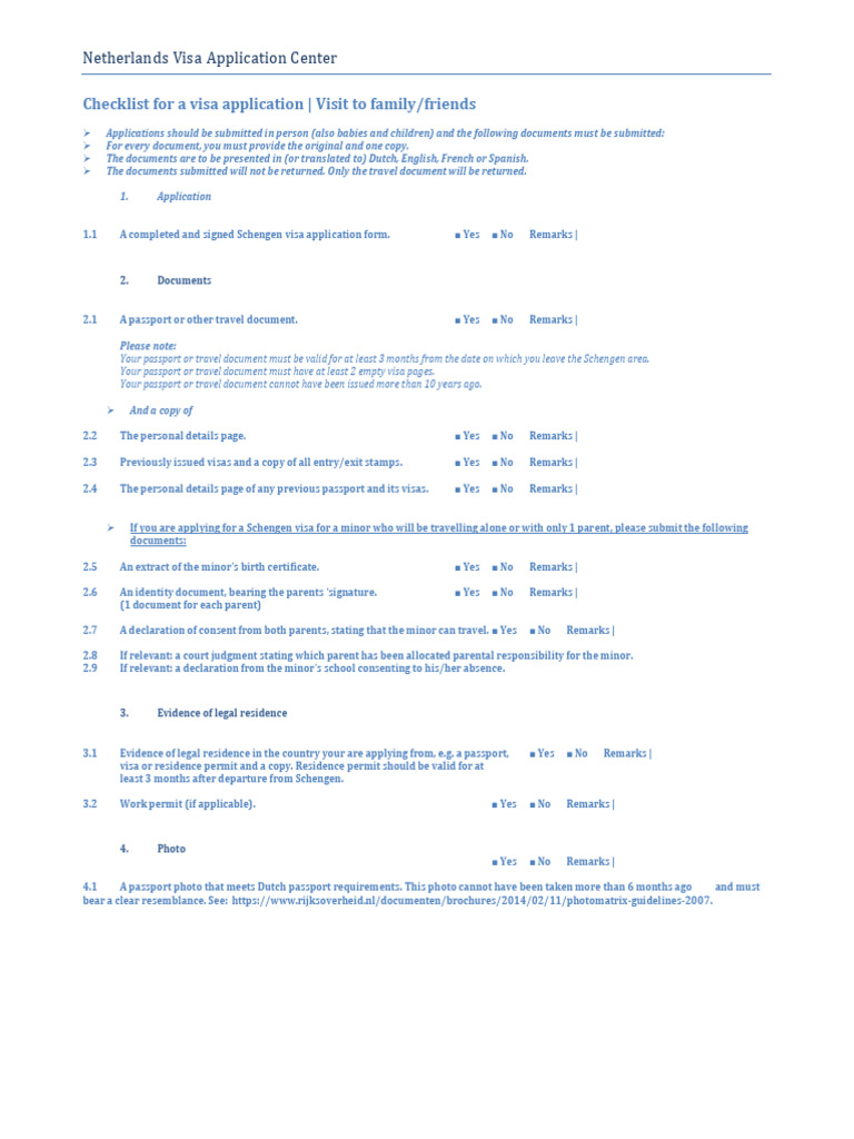 Netherlands Visa Application Checklist | PDF | Travel Visa | Passport