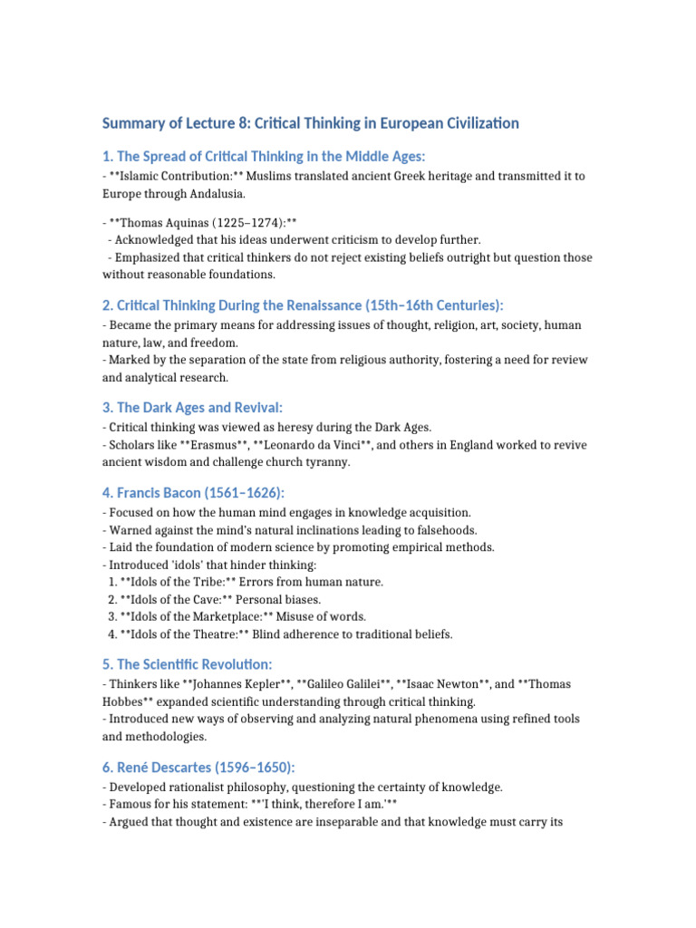 Critical Thinking Summary Lecture8 | PDF | Rationalism | Liberal Arts ...