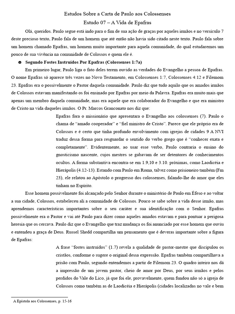 A Vida e Importância de Epafras | PDF | Apóstolo Paulo | Jesus