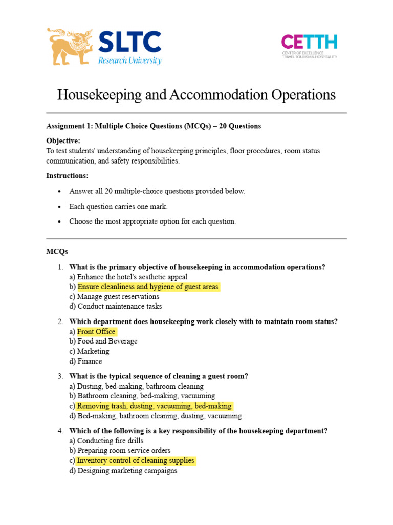 Housekeeping and Accommodation Operations - AA1718 | PDF | Housekeeping