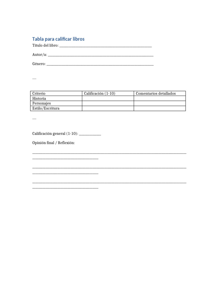 Tabla para Calificar Libros | PDF