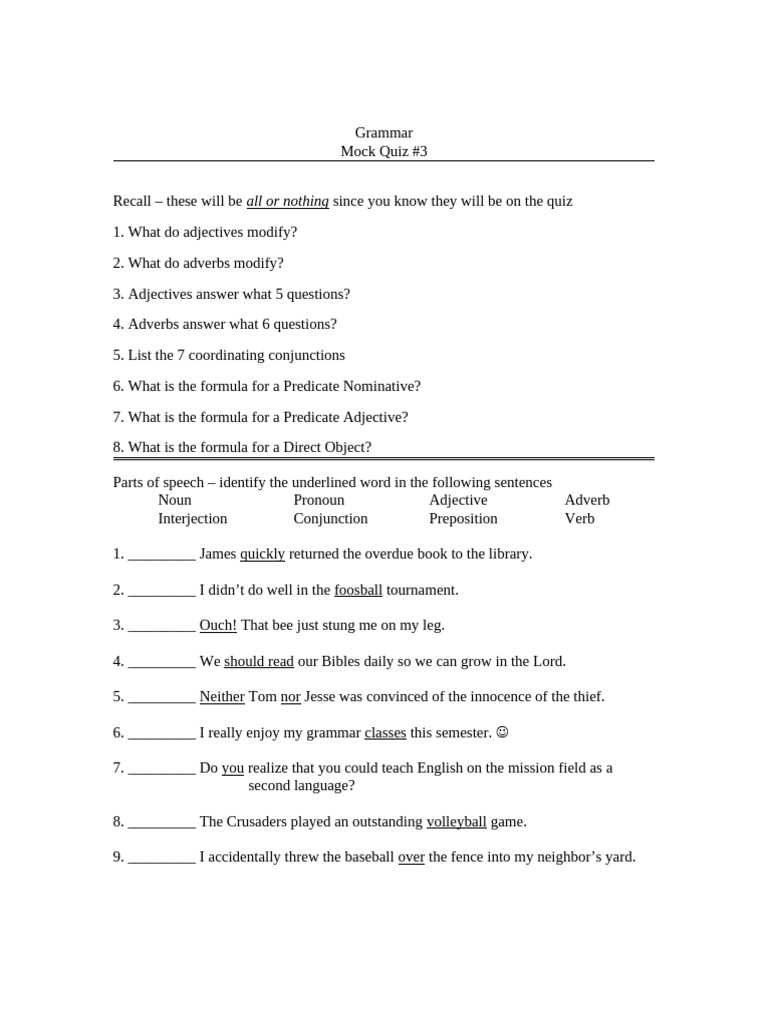 Grammar Mock Quiz #3 Overview | PDF