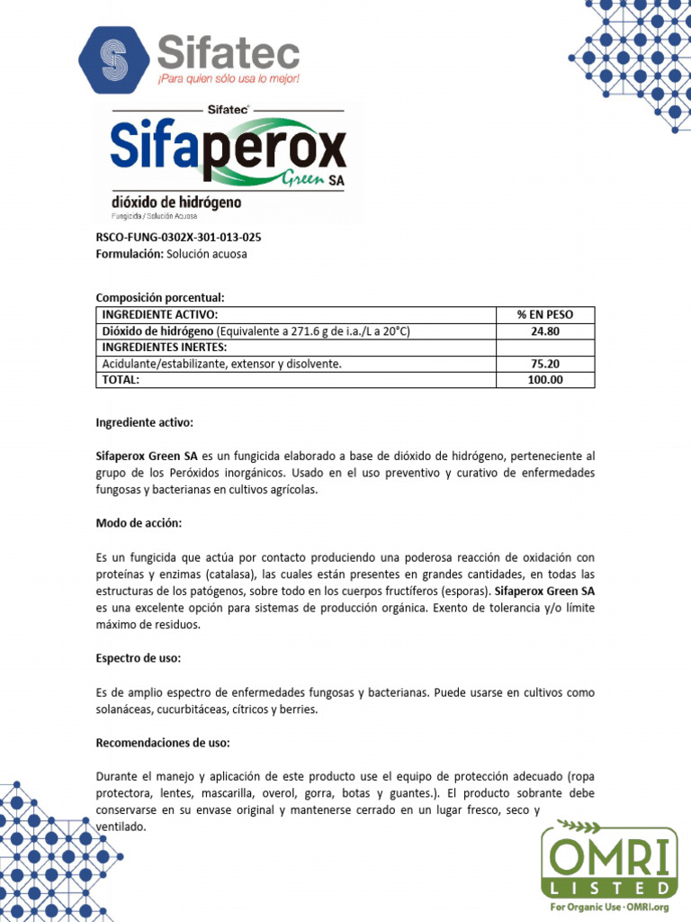 Sifaperox Green SA: Fungicida Ecológico | PDF | Agua