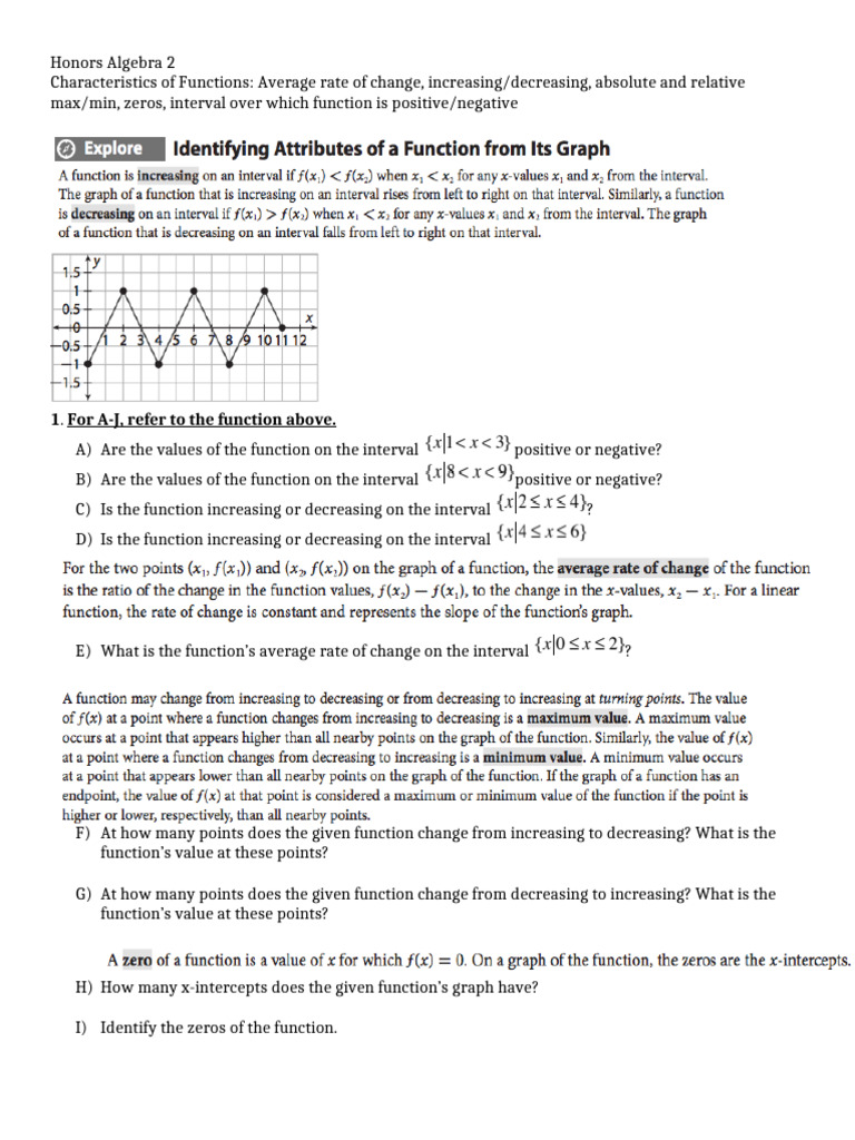 Characteristics of Functions in Algebra 2 | PDF | Function (Mathematics ...
