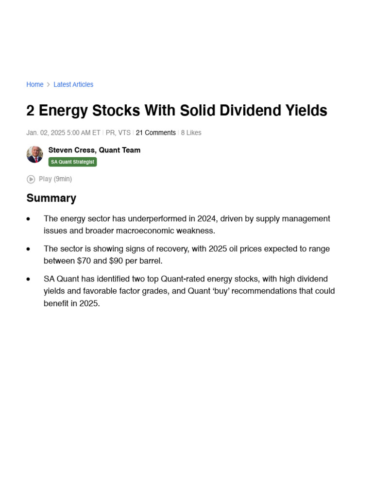 2 Energy Stocks With Solid Dividend Yields - Seeking Alpha | PDF ...