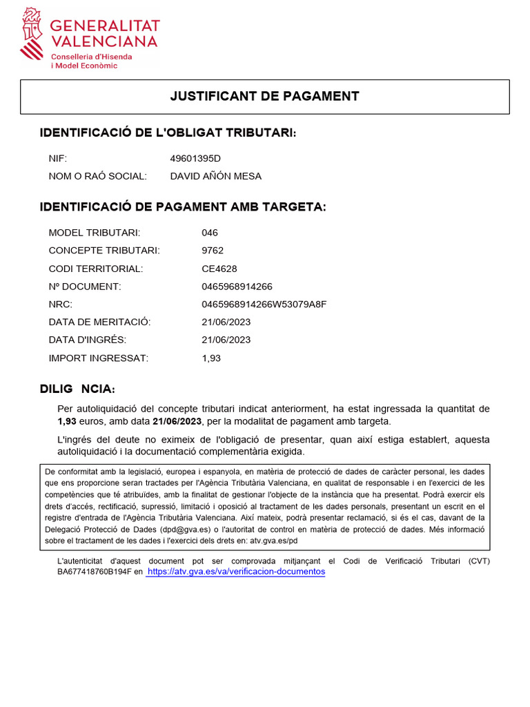 Justificant de Pagament: Identificació de L'Obligat Tributari | PDF
