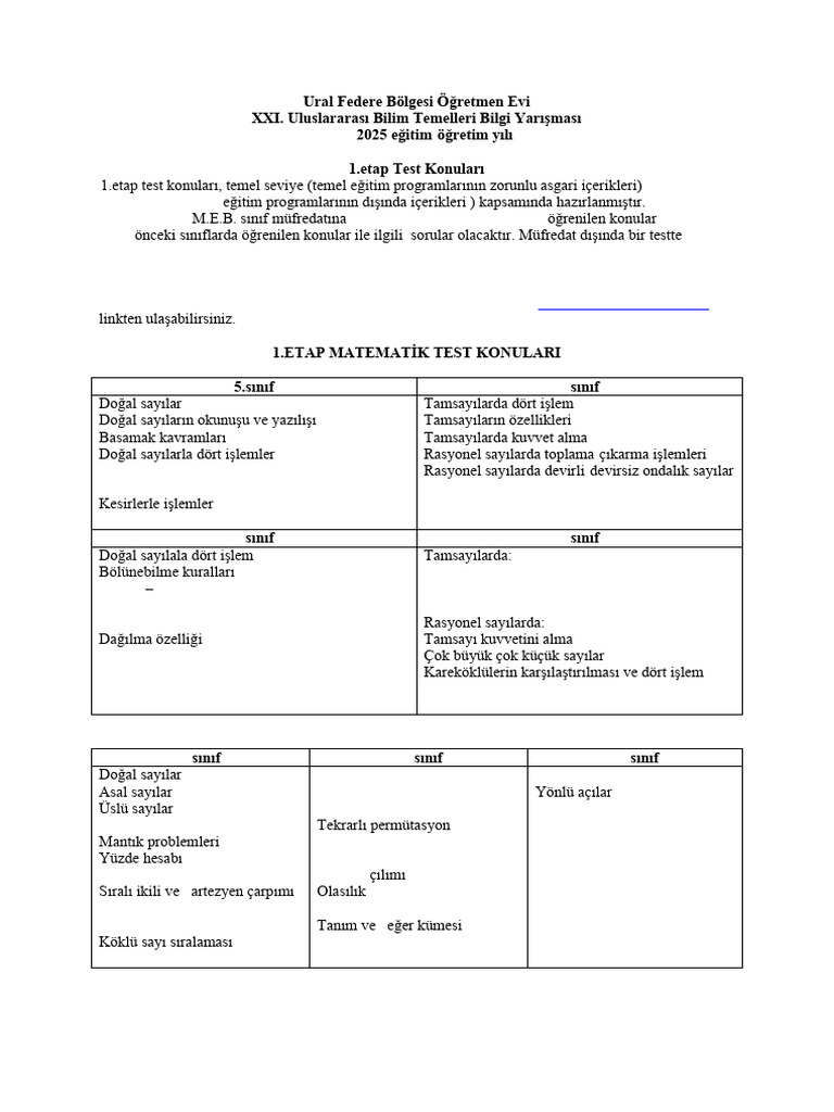 Matematik-Test-Konular - 1.etap-XXI - UBTBY - Kopya | PDF