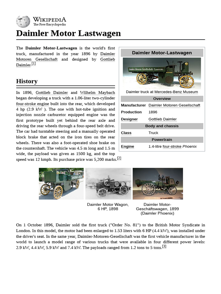 First Truck: Daimler Motor-Lastwagen 1896 | PDF | Car Manufacturers Of ...