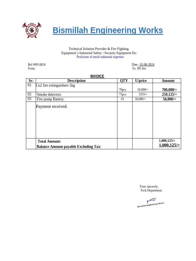 Fire Safety Equipment Invoice - Bismillah Engineering | PDF