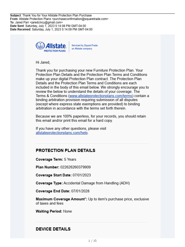 2023-07-01-Thank You For Your Allstate Protection Plan Purchase | PDF ...