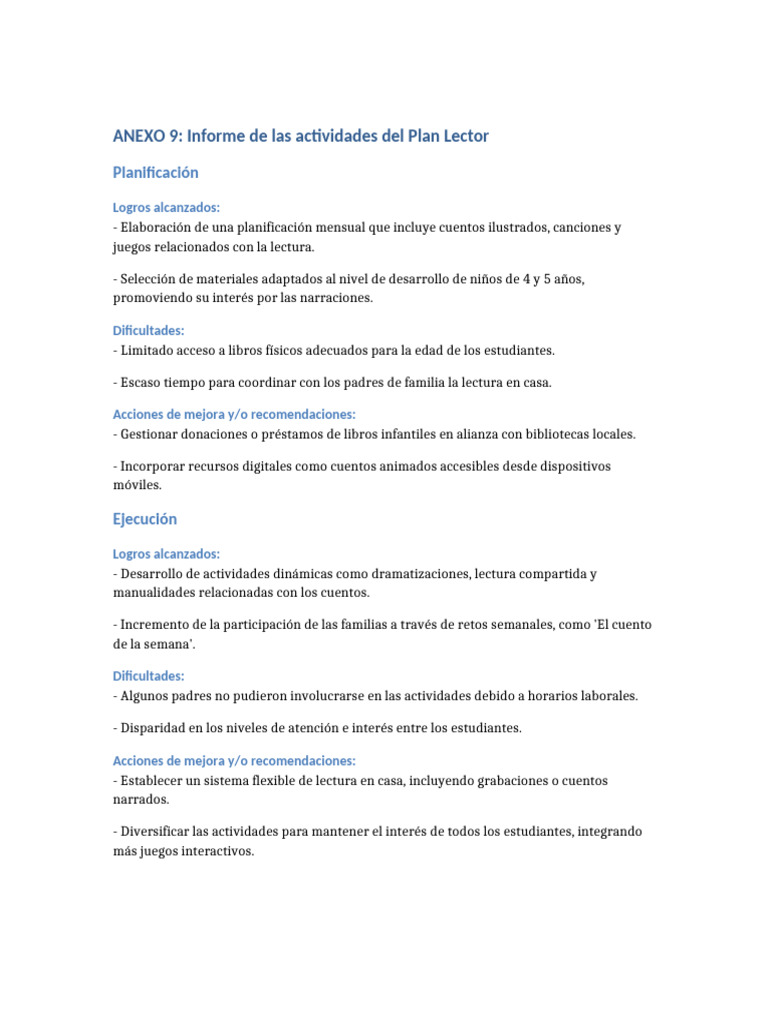 ANEXO 9 Informe Actividades Plan Lector | PDF