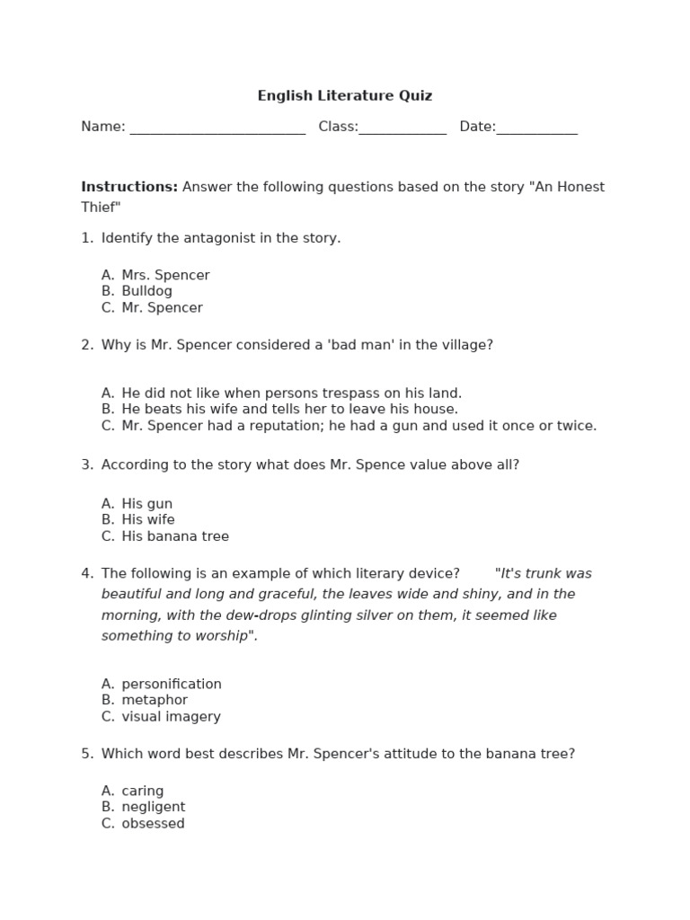 English Literature Quiz | PDF