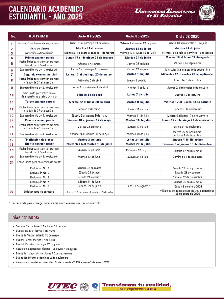 Calendario Académico UTEC 2025 | PDF