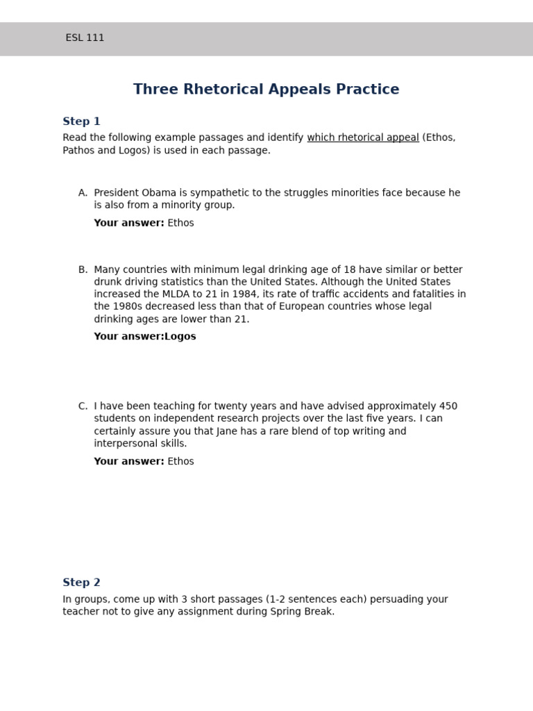 IC Three Rhetorical Appeals Practice | PDF