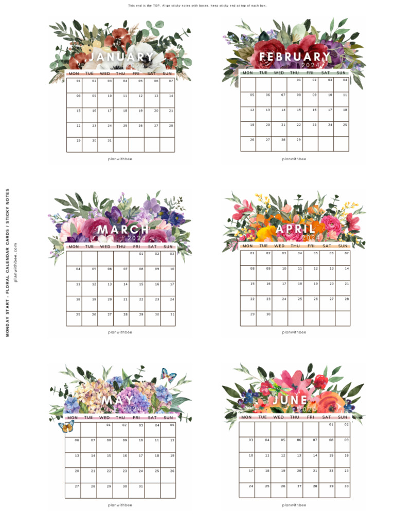 2024 Jan-Jun MonStart FloralCalendarCardStickyNotes | PDF