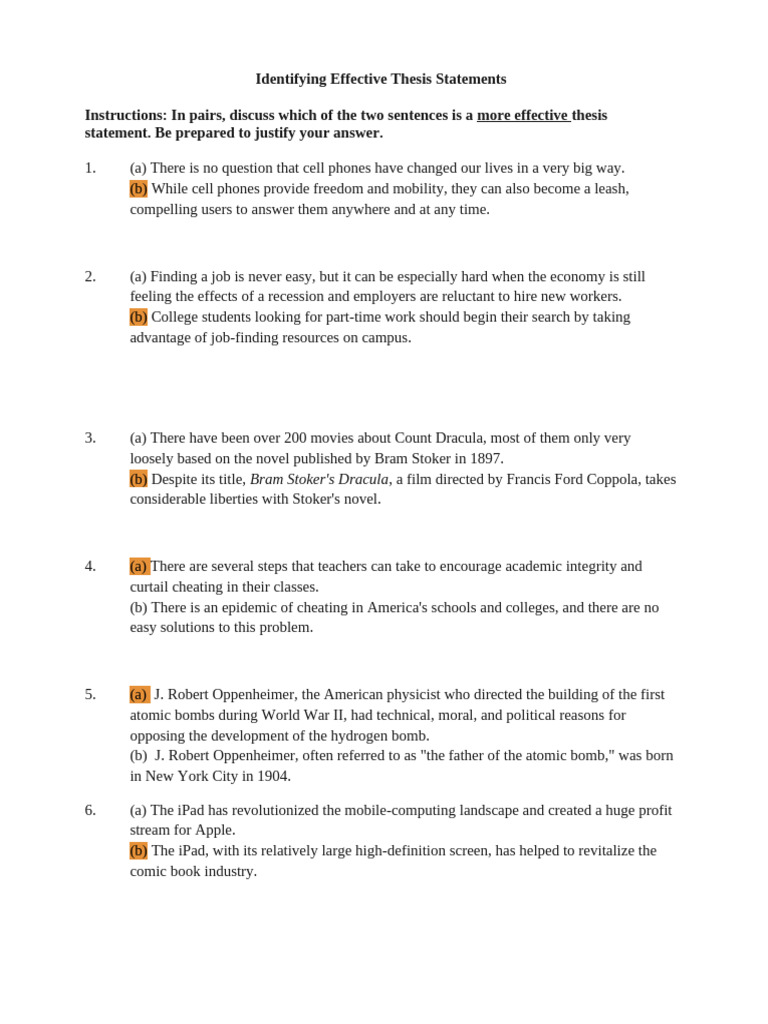 Identifying Thesis Statement Handout | PDF