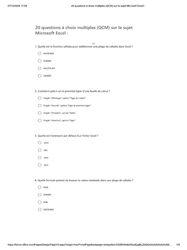QCM Microsoft Excel Atelier 7 | PDF