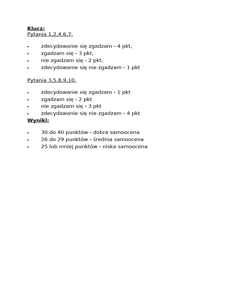 Skala Samooceny SES M. Rosenberga - Klucz | PDF