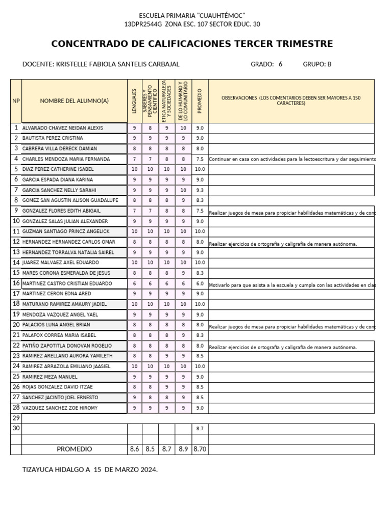 6b.concentrado de Calificaciones Tercer Trimestre | PDF