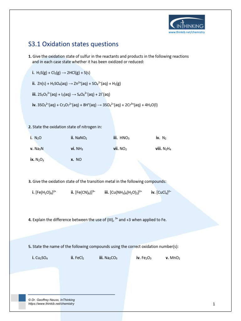 Q s3.1 Oxidation States Questions | PDF