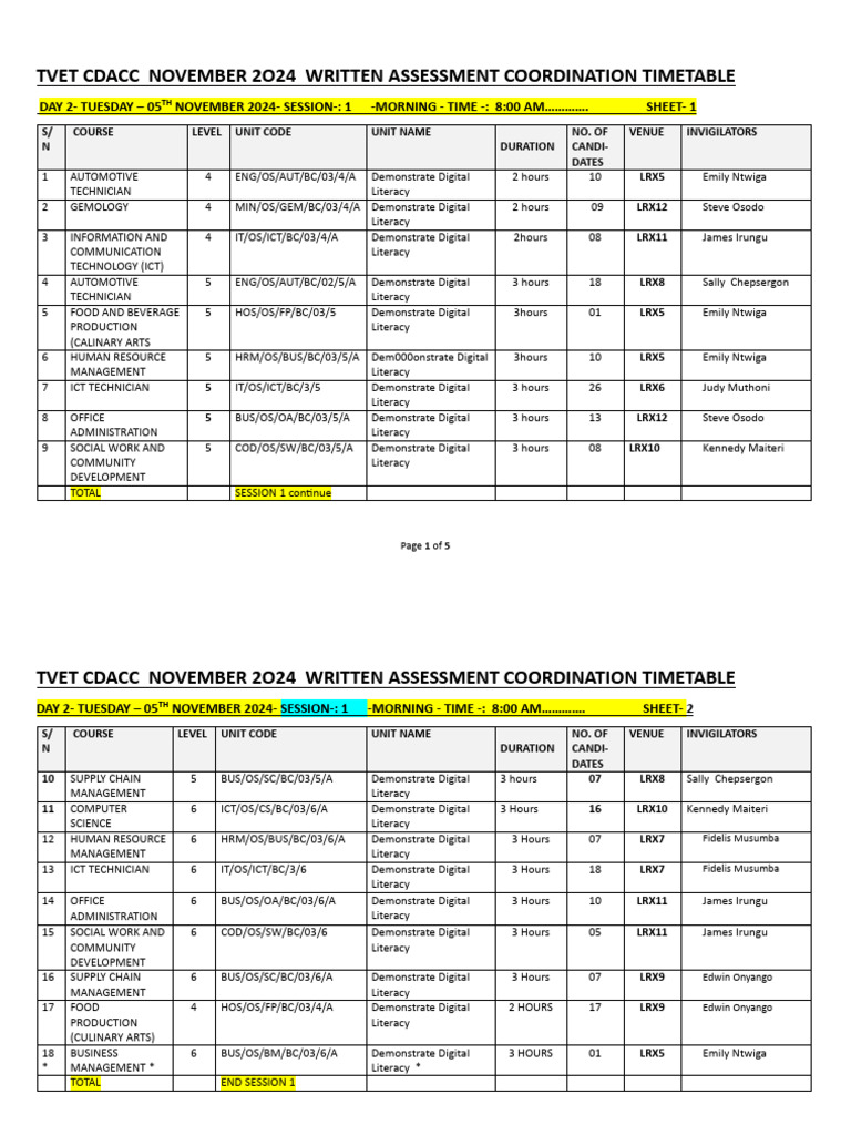 TVET CDACC 2024 Assessment Timetable | PDF