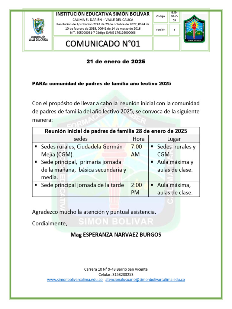 Comunicado reunion inicial padres de famillia 2025 | PDF