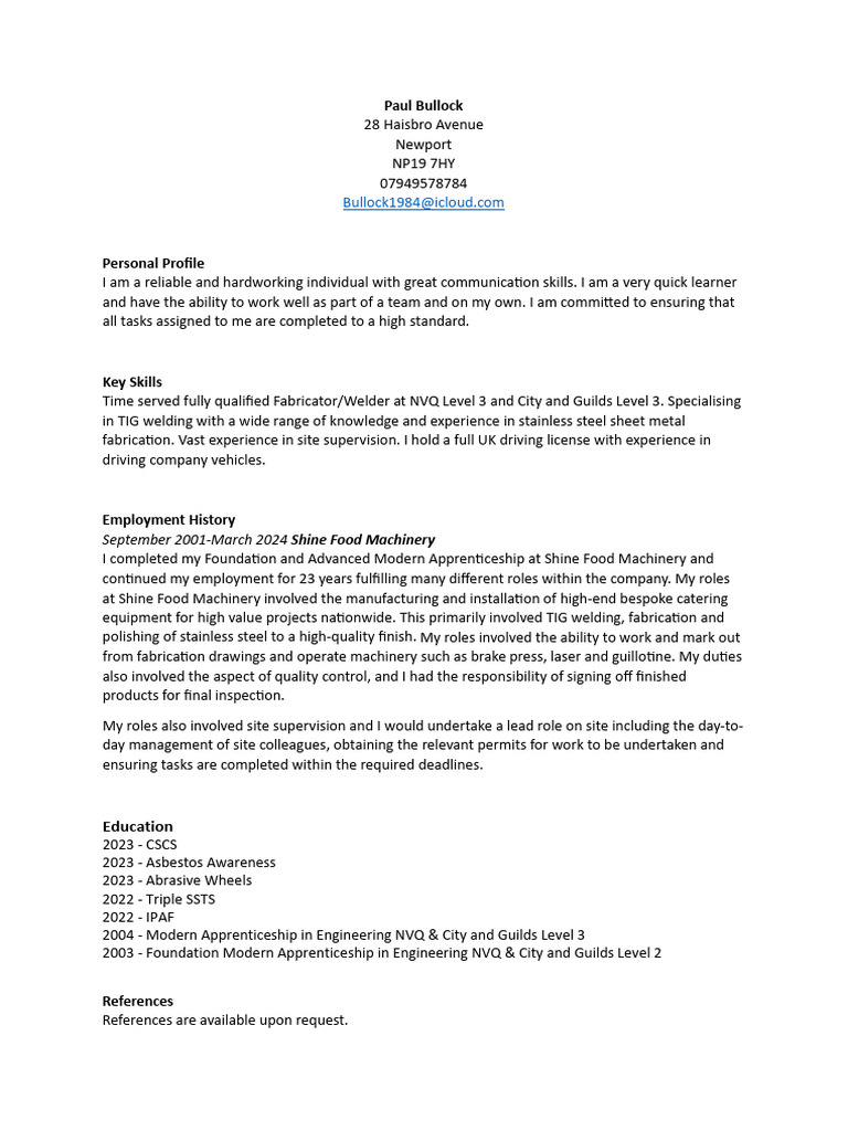 CV - P Bullock | PDF