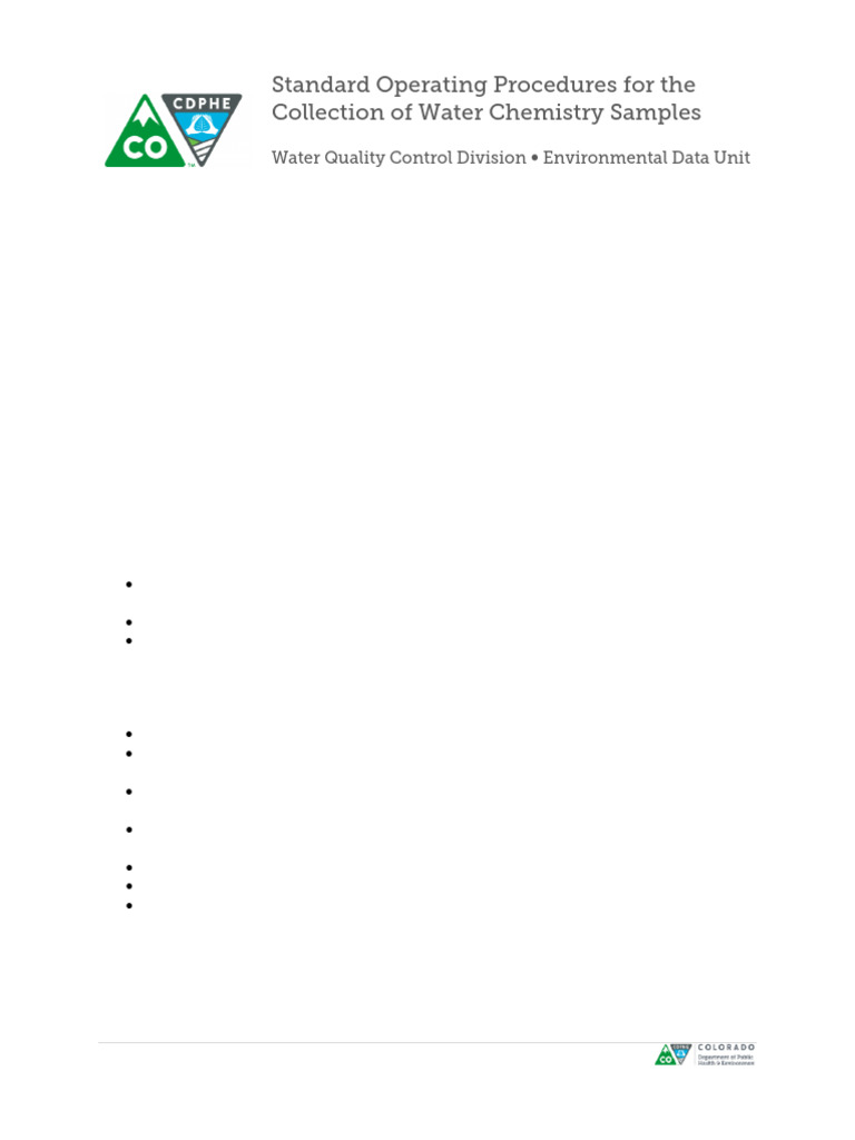 SOP - Collection of Water Chemistry Samples - 042116 | PDF | Water Quality