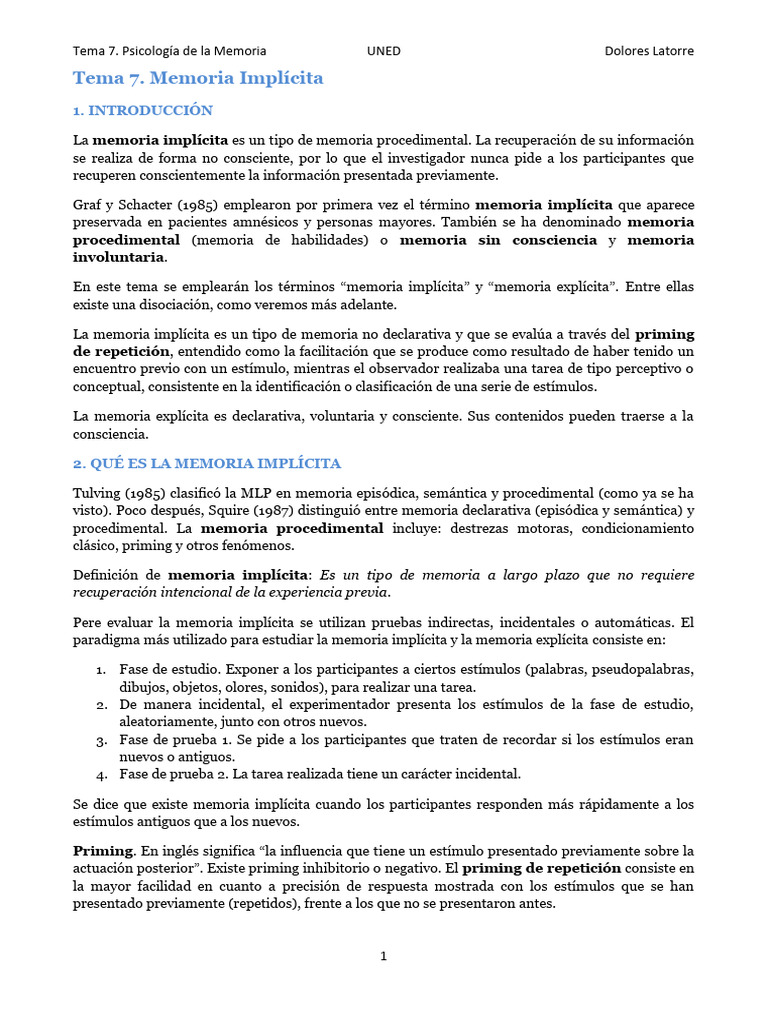Memoria Implícita y Priming | PDF | Cebado (psicología) | Memoria