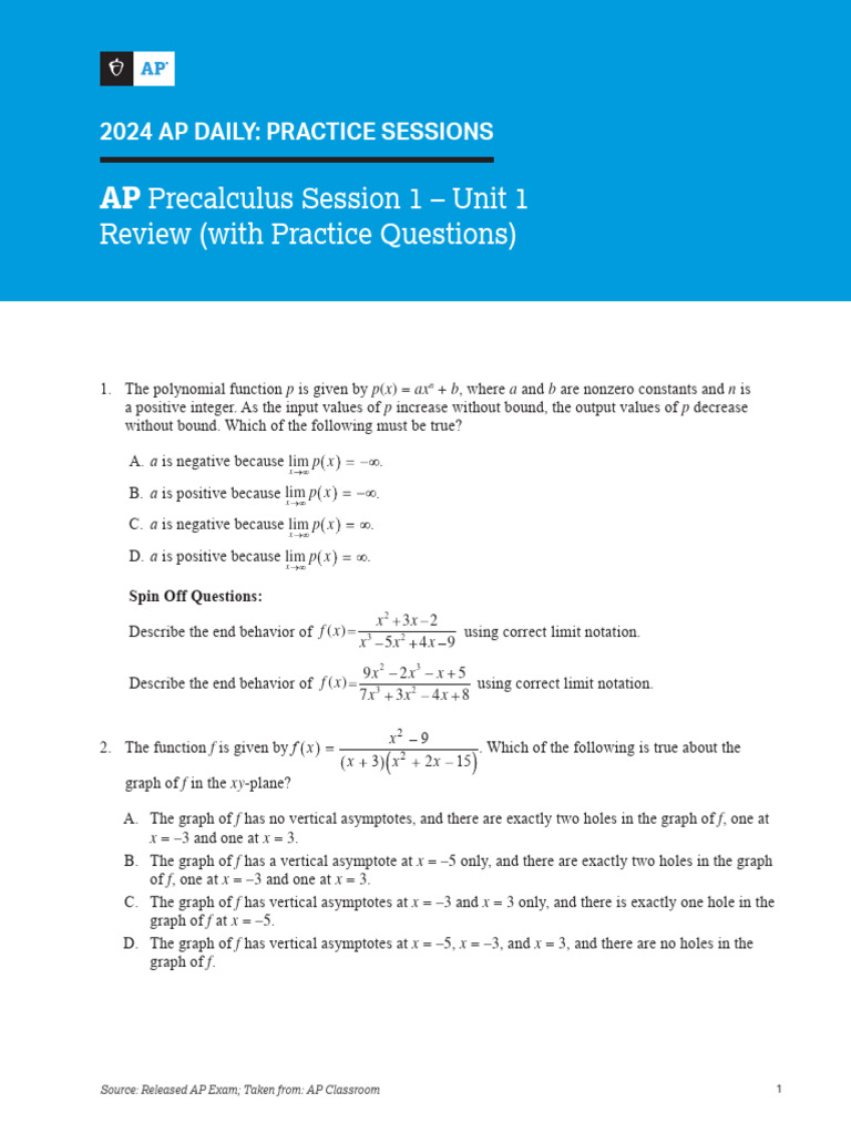 APPrecalc Unit 1 Practice | PDF | Asymptote | Function (Mathematics)