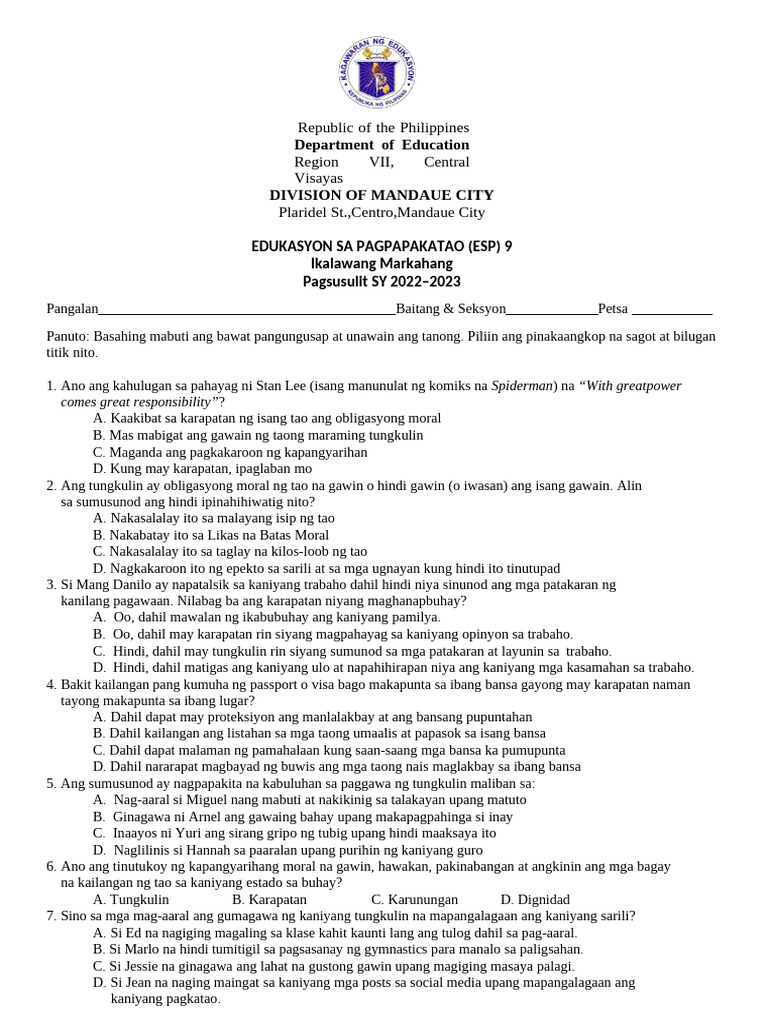 EsP 9 Quarter 2 Exams TQs | PDF